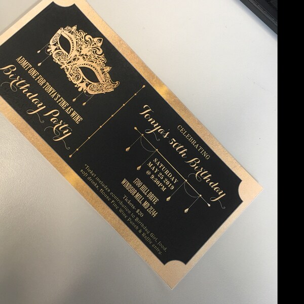MASQUERADE Birthday Party Ticket Invitation Gold Mask Invite Elegant ...