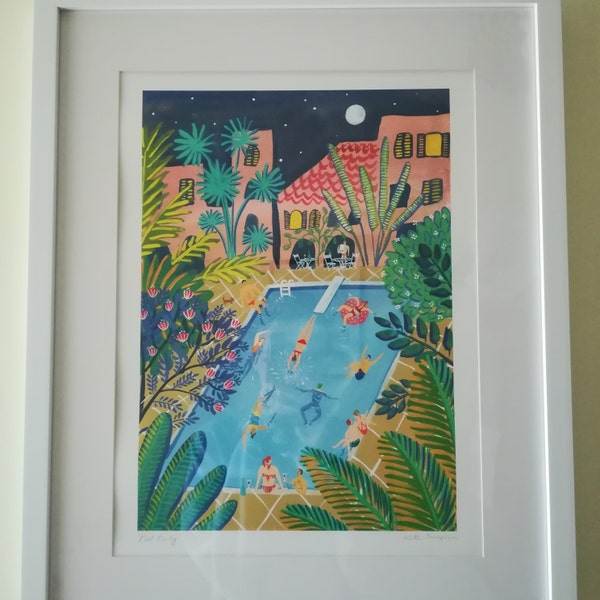 Swimming Pool Party Art Print, Tropical Garden Illustration, Botanical ...