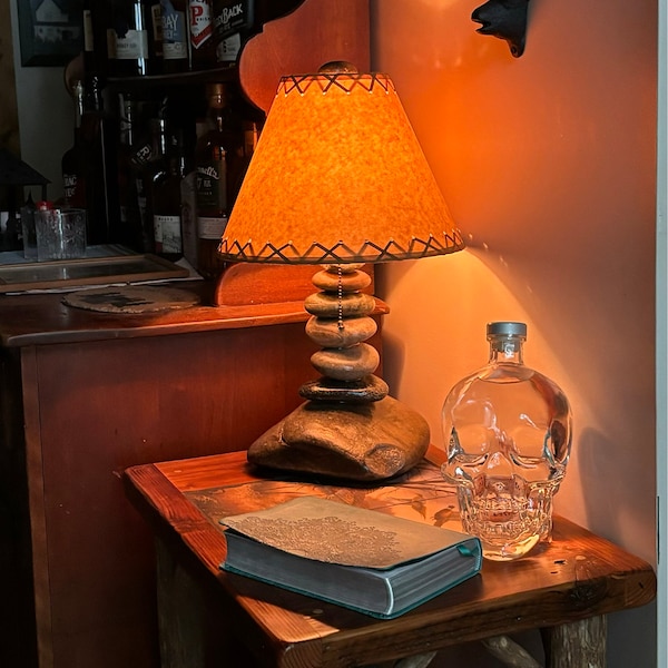 Rustic Stone Base Table Lamp – Handmade in Idaho – Faux Leather Shade - Etsy