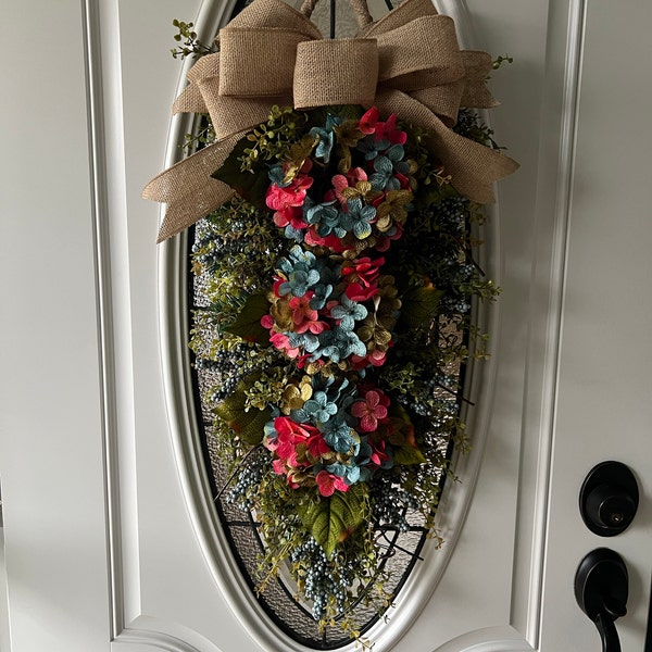Hydrangea Lantern Swag ~ocean Sunset ~wired Burlap Ribbon, Swag, Wreath ...