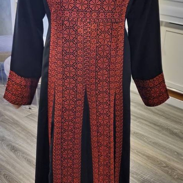 Palestinian Kaftan Thobe Thob Embroidery Black With Red Tatreez Stripes ...