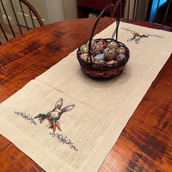 Embroidered Easter Table Runner, Beige Linen Mr Bun Carrot Farm Table ...