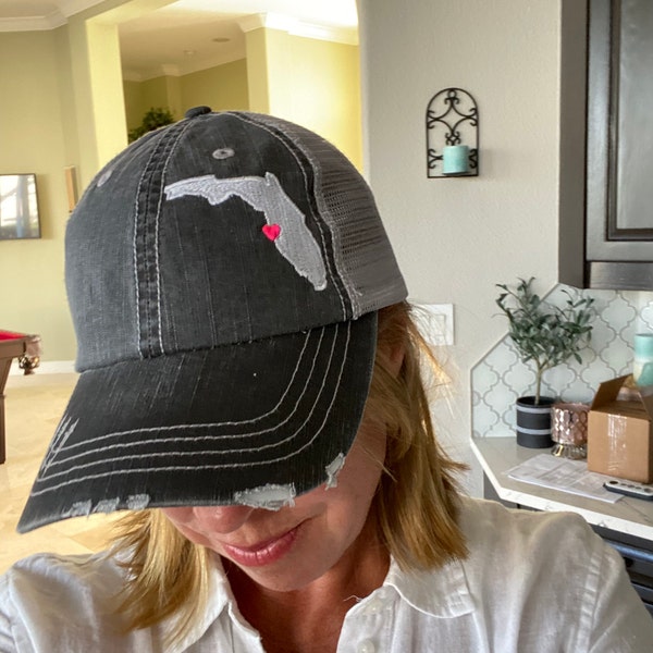 State Hat Distressed Women's Trucker Personalized State Embroidered Cap ...