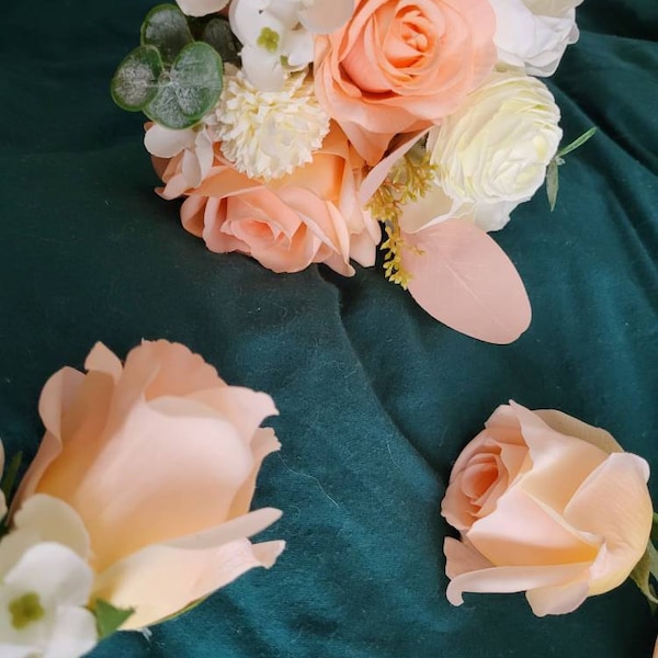 Artificial Peach White Spring Bridal Bouquet, Real Touch Faux Roses ...