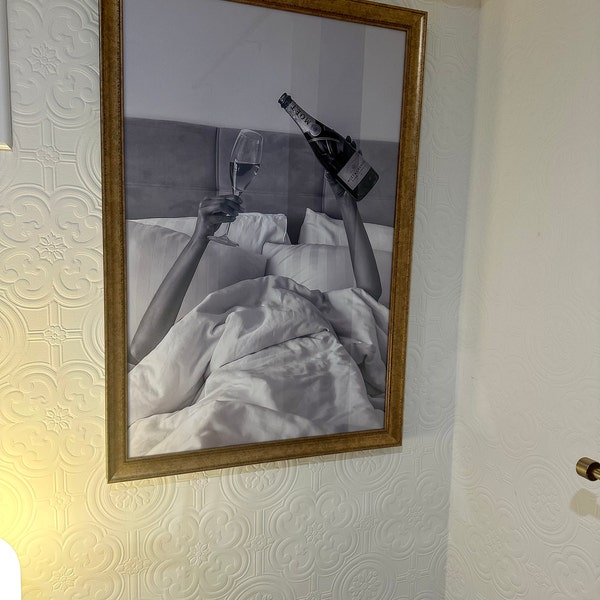 Woman Drinking Wine in Bed, Black and White Poster Print - Etsy