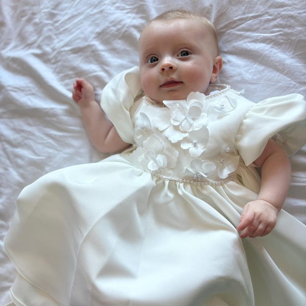 Short Puffy Sleeves Pearl Lace Christening Dress Baby Girl Christening Gown Outfit Christening ...