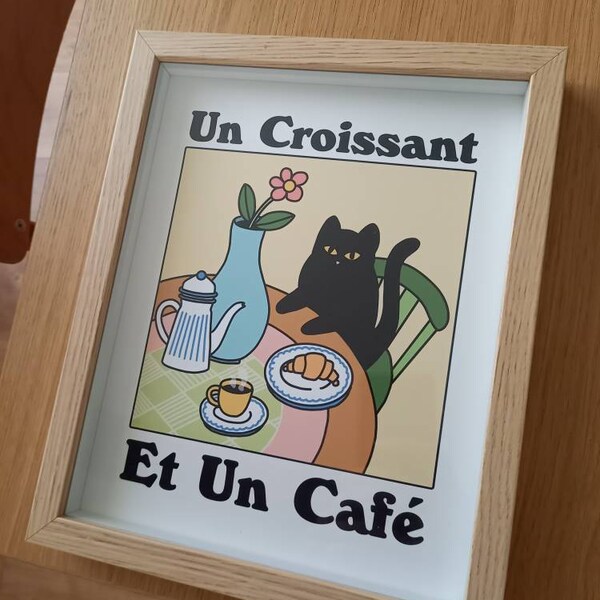 French Cafe Croissant Cat Print, Retro Drink Poster, Bistro Coffee ...