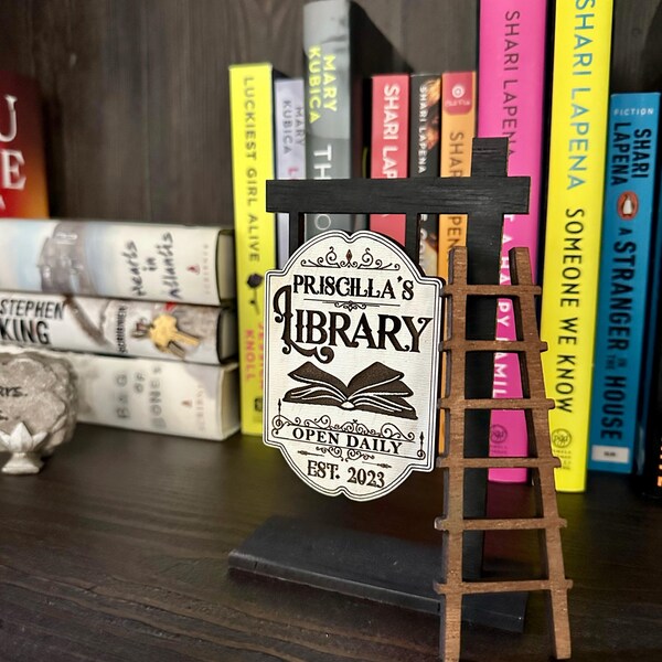 Personalized Book Nook Sign Library, Mini Wooden, With Ladder, Library ...