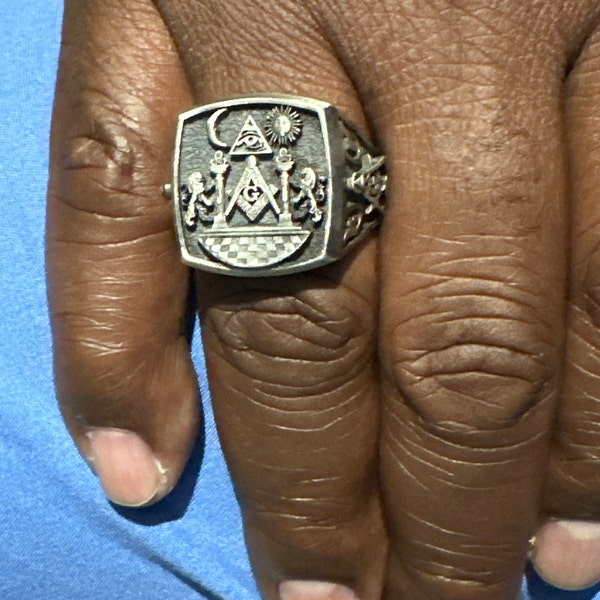 Mens Masonic Ring, Unique Signet Rings for Men Oxidized Silver Masonic ...