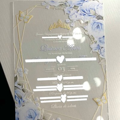 Clear Acrylic Quinceañera Invitations With Pink Flowers Gold Silver ...