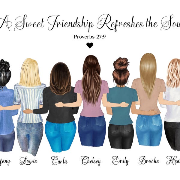 Personalised Group of Friends Print, Best Friend Print, Portrait, Plus ...