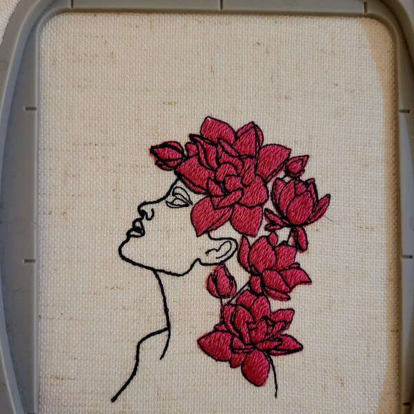 Lady With Flowers Embroidery Design, Line Art Embroidery File - Etsy
