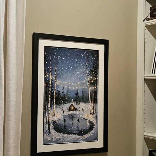 Cozy Winter Art Ice Skating and Twinkle Lights Print, Vintage Christmas ...