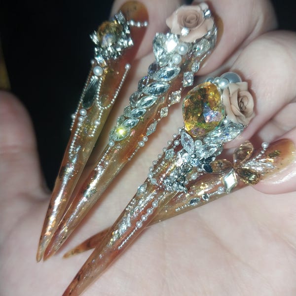 Cardi B Long Coffin Press on Nails, High-end Swarovski Crystal Long ...