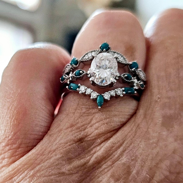 Vintage Oval Moissanite Engagement Ring Set Turquoise Wedding Ring ...