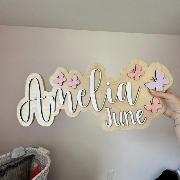 Butterfly Name Sign, Large Wood Name Sign, Nursery Name Sign, Rainbow ...