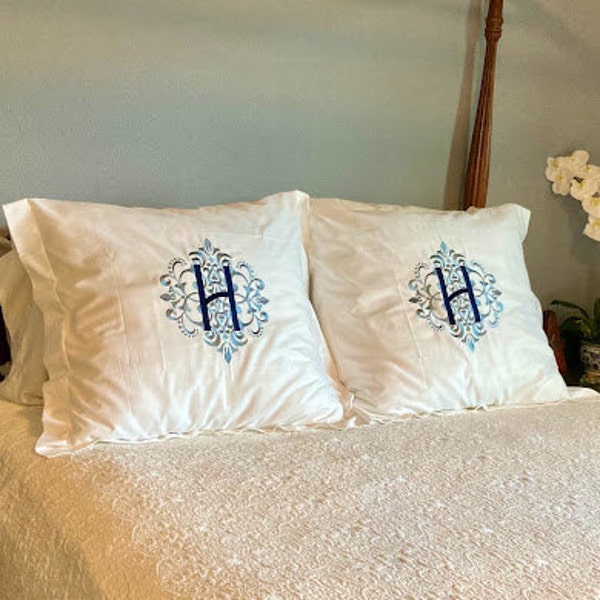 Set of 2 Monogrammed Pillow Shams / 100% Cotton / Embroidered Pillow ...