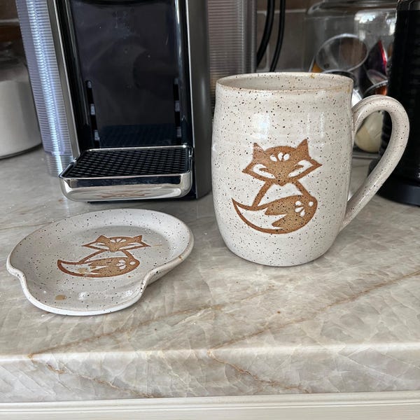 Pottery Mug, Foxy Mug, White Mug, Fox Mug, White Fox Coffee Mug, Black ...