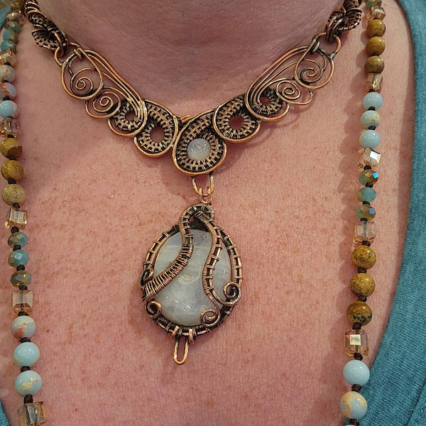 Rainbow Moonstone Necklace Copper Wire Wrapped Necklace Natural ...