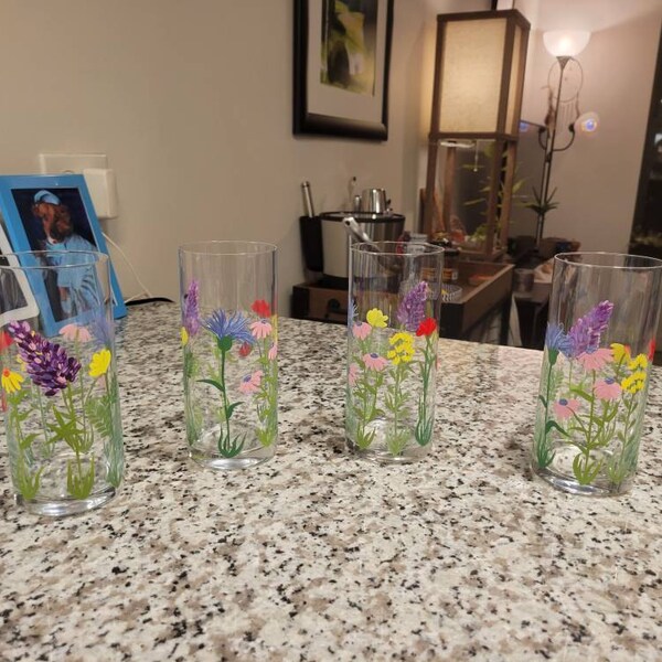 Wildflowers Hand Painted Glassware, Set of 2 Glasses, Mixed Flowers ...