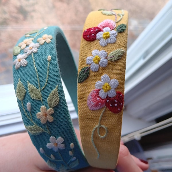 Hand Floral Embroidered Linen Headband | Bachelorette Linen Hair ...