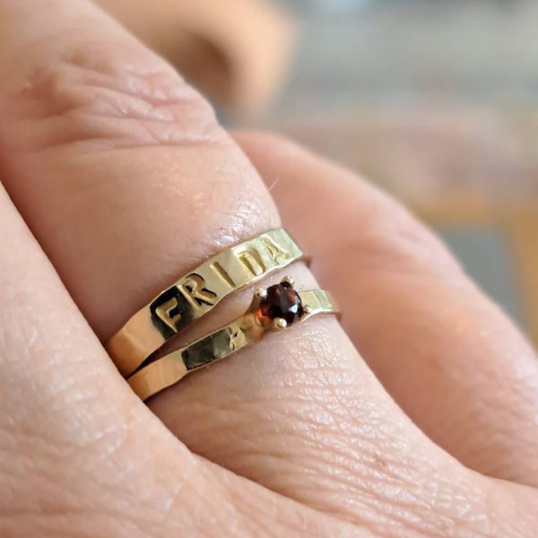 Birthstone Ring With Name Engraved, Personalized Gold Plated Ring With ...