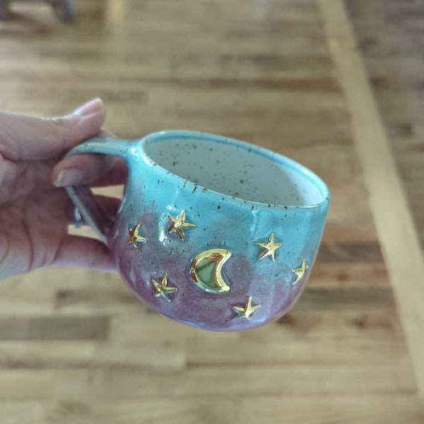 Celestial Mug: Handmade Pottery Coffee Cup With Gold Moon & Stars - Etsy