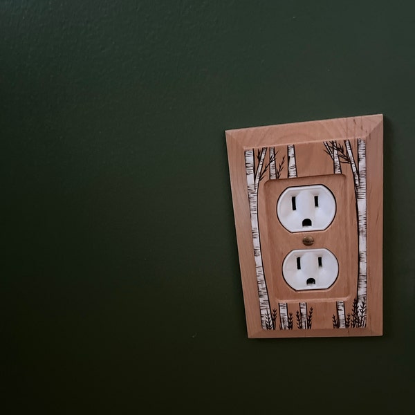 Wooden Triple Light Switch Cover With Wood Burned & Water Colored Birch ...