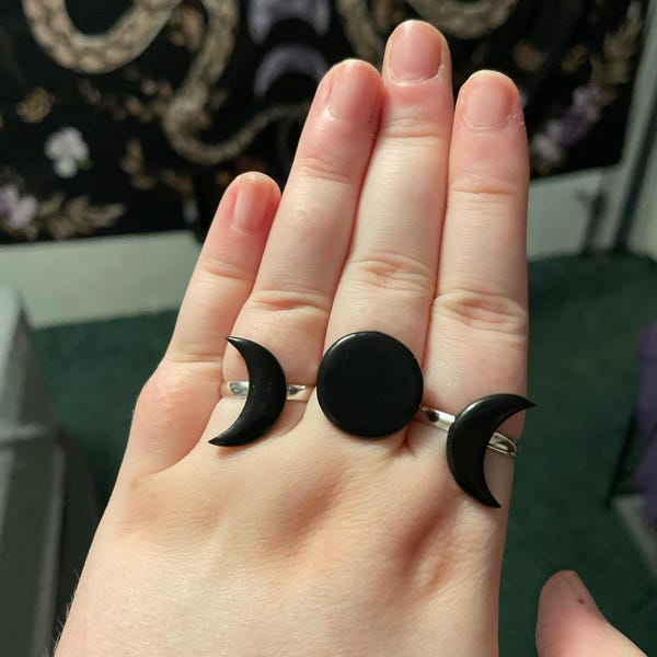 Moon Ring Set / Triple Goddess Rings / Black Moon / Crescent / Full ...