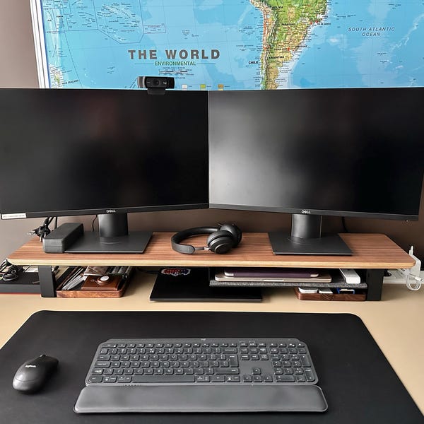 Dual Monitor Stand for Desk | Wooden Monitor Riser | Walnut Desk Shelf ...