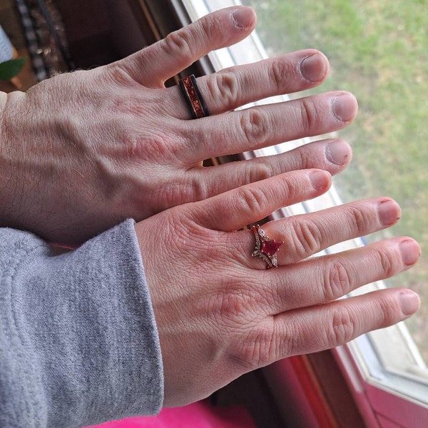 Skye Rose Gold Ruby Leaf Couples Ring Set- His and Hers Matching Wedding Band Red Ruby & Black ...
