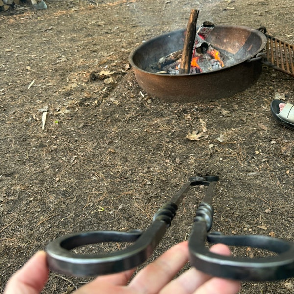 Hand Forged Log Tongs: Fire Pit Tool, Twisted Handle - Etsy