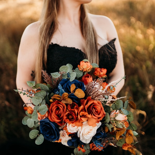 Wedding Bouquet With Navy Blue and Rust Orange Flowers, Bridesmaids ...