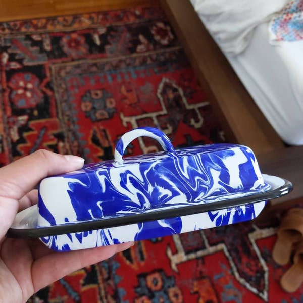 Cobalt BLUE SPLATTER Enamelware BUTTER Dish Splatterware 1/2 Pound ...