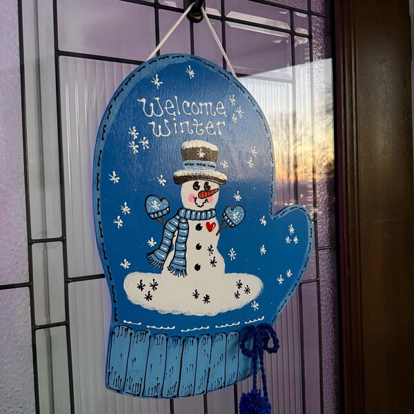 SNOWMAN MITTEN Welcome Winter SIGN Wall Door Hanger Plaque Holiday ...