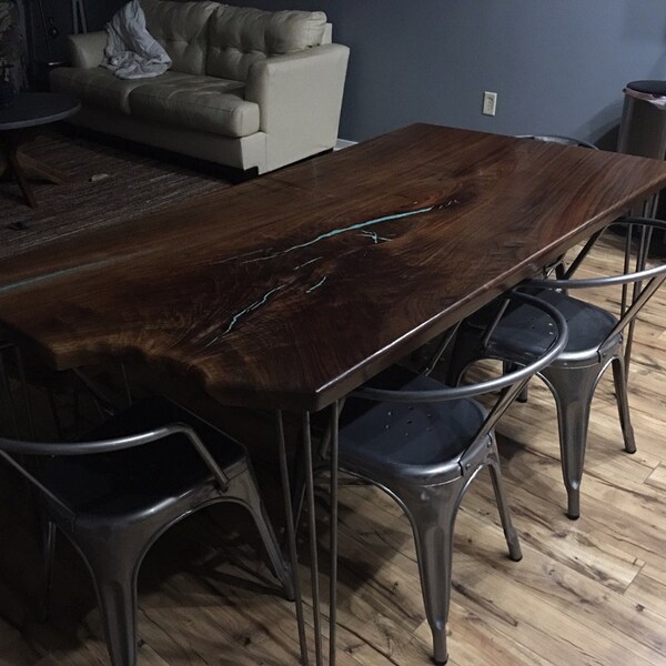 Natural Edge Slab American Elm Coffee Table With Turquoise Lnlay - Etsy