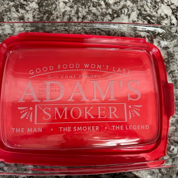Customizable BBQ, Grill or Smoker Etched Glass Pan With Blue or Red Lid ...