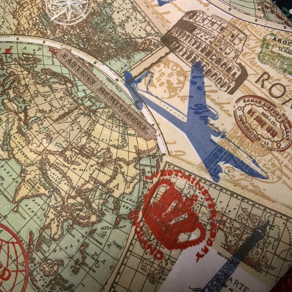 World Map Fabric: Vintage Travel Theme, Compass, Landmarks, 100% ...