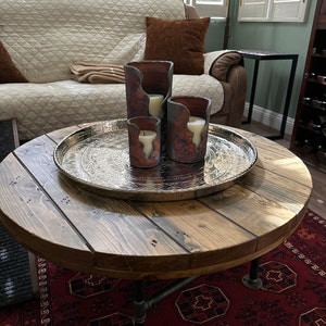 Reclaimed Distressed Round Coffee Table. Heavy Duty Iron Pipe Legs ...