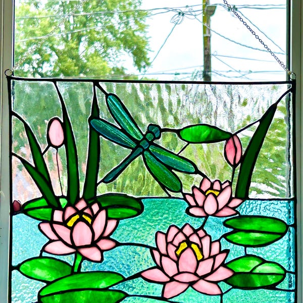 Dragonfly With Lotus Flower Stained Glass Pattern, Dragonfly Suncatcher ...