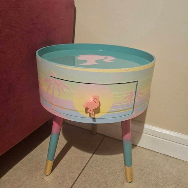 Pink Tiger Square Bedside Table, Two Drawers, Ideal Nightstand. Flamingo and Baby Pink With Gold ...