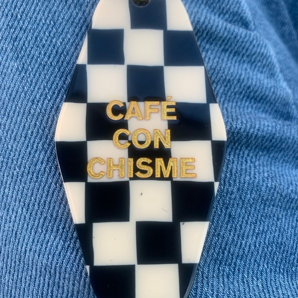 Café Con Chisme Retro Motel Keychain , Acrylic, Checkered, Checkers ...