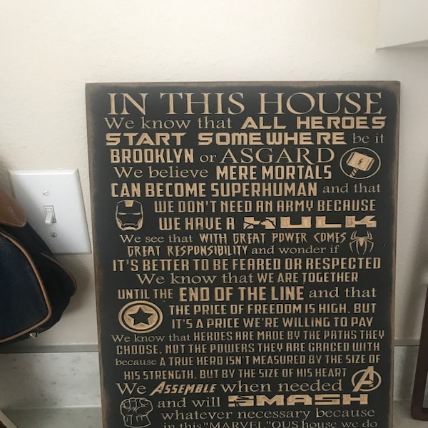 Custom Carved Wooden Sign - "marvel SUPERHEROES - in This House We Do ...