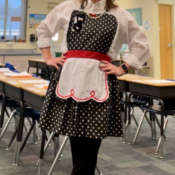 Apron LUCY, Retro Apron, Black Polka Dots With Red Womens Full Apron ...