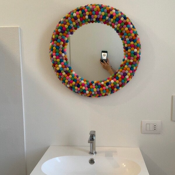 27 Rainbow Pom Pom Statement Mirror, Unique Wall Mirror. Large Round ...
