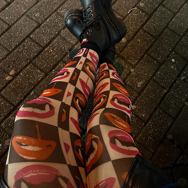 60's 70's Squares Lines Abstract Block Patterned Printed Tights ...