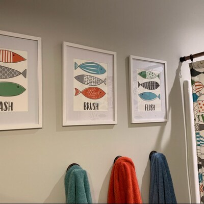 Fish Bathroom Decor Set of 3 Art Prints Just Keep Swimming Fish ...