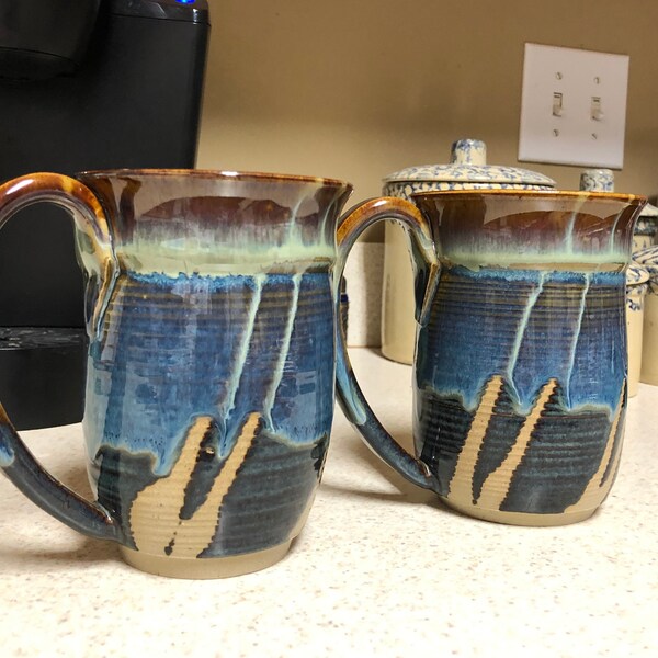 Set of 2 Large Handle Mugs - Pottery Mug - Large Earthy Mug - Man's Mug ...