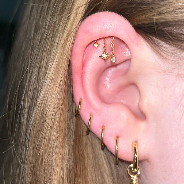 925S Left Helix Chain Earring/star Dangle Earring /helix Push Pin Stud ...