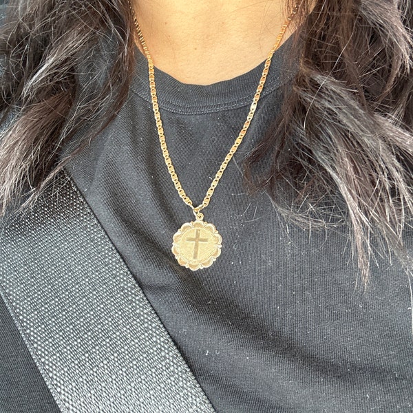 Cross Medallion Necklace, Large Coin Cross Necklace, Round Cross ...